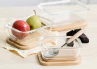 China Bamboo Wood Cover Wide Mouth Glass Jars Japanese Style Square Shape For Food for sale