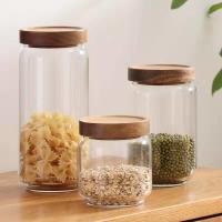 China 900ml Wood Cover Borosilicate Wide Mouth Glass Jars for sale