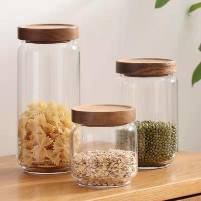 China 900ml Wood Cover Borosilicate Wide Mouth Glass Jars for sale