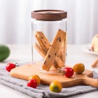 China 900ml Wood Cover Borosilicate Wide Mouth Glass Jars for sale