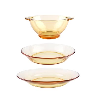 China Restaurant Amber Microwave Heated Glass Tray Bowl Set for sale