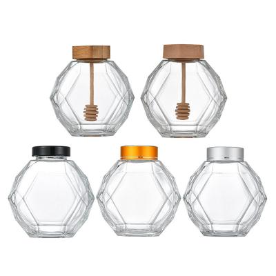 China 380ml Geometric Hexagon Glass Honey Jars With Metal Lid for sale