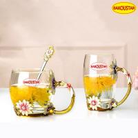China 330ml 350ml Decorated Enamel Glass Cup BPA Free With Spoon for sale