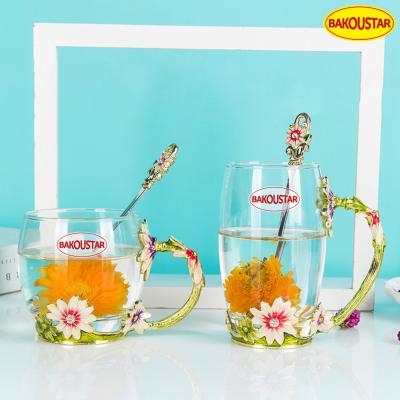 China 330ml 350ml Decorated Enamel Glass Cup BPA Free With Spoon for sale