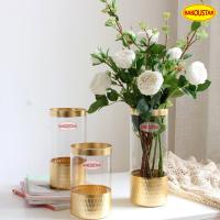 China Polished Gold Hammer Straight Tube Decorative Glass Vases for sale