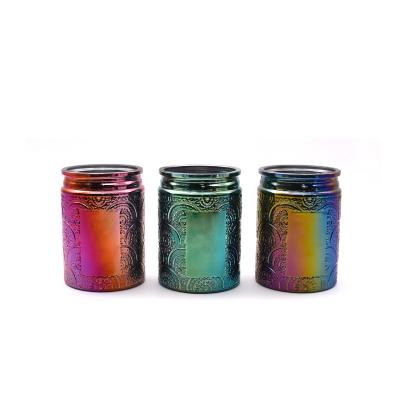 China Hotel Decor Carved Glass Cylinder Candle Holders Electroplated Colored for sale