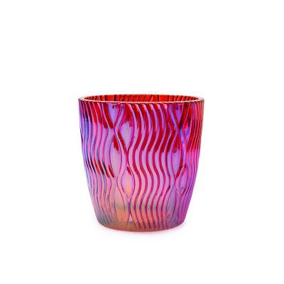 China Handmade Hot Pink Purple Striped Glass Candle Cup With Aluminum Cap for sale
