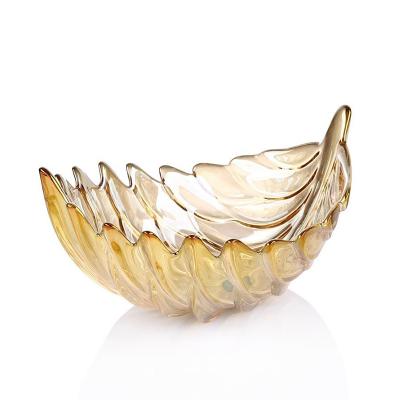 China FDA SGS Vintage Amber Luxury Glass Fruit Bowl Leaf Shaped European Style for sale