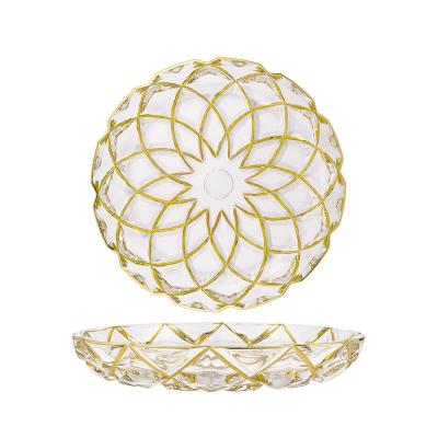 China Home Golden Grid Grain Transparent Glass Fruit Bowl Handmade for sale