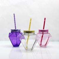 China Wholesale 500ml Diamond shape glass mason bottle beverage juice mason jar with straw for sale