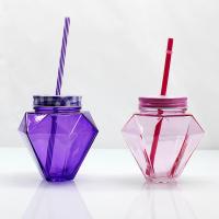 China Wholesale 500ml Diamond shape glass mason bottle beverage juice mason jar with straw for sale