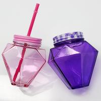 China Wholesale 500ml Diamond shape glass mason bottle beverage juice mason jar with straw for sale