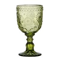 China Hot Sale Green Color Glassware Vintage Pattern Embossed High Clear Glass Goblets for sale