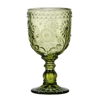 China Hot Sale Green Color Glassware Vintage Pattern Embossed High Clear Glass Goblets for sale