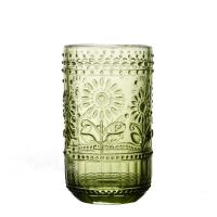 China Hot Sale Green Color Glassware Vintage Pattern Embossed High Clear Glass Goblets for sale