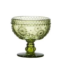 China Hot Sale Green Color Glassware Vintage Pattern Embossed High Clear Glass Goblets for sale