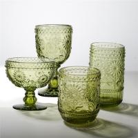 China Hot Sale Green Color Glassware Vintage Pattern Embossed High Clear Glass Goblets for sale