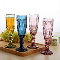 China Champagne 150ml Long Stem Wine Glasses Vintage Embossed Glass Goblets for sale