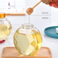 China Luxury Hexagon Empty Glass Honey Jars 380ml With Dipper for sale
