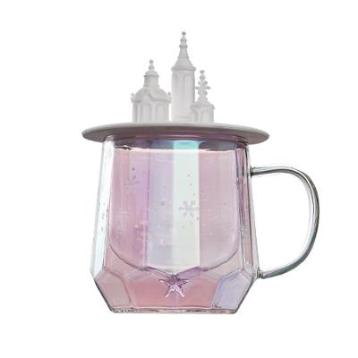 China Pink Borosilicate Double Wall Personalized Glass Cup Castle Shape 300ml for sale