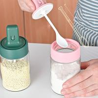 China Plastic Cover 250ml Glass Spice Jars Transparent With Spoon And Label for sale