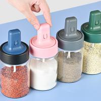 China Plastic Cover 250ml Glass Spice Jars Transparent With Spoon And Label for sale