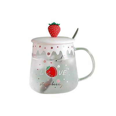 China Pink Strawberry Shape Borosilicate Glass Cup 440ml With Heat Transfer for sale