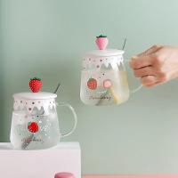 China Pink Strawberry Shape Borosilicate Glass Cup 440ml With Heat Transfer for sale