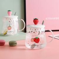 China Pink Strawberry Shape Borosilicate Glass Cup 440ml With Heat Transfer for sale