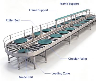 China Custom Aluminum Oval Closed-Loop Roller Conveyor System With Multi-Station Rotating Circular Worktables | ESD Anti-static Belt Optional Assembly Transport Line for sale