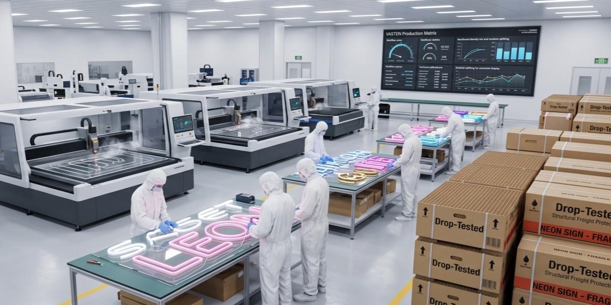 VASTEN manufacturing workshop in Shenzhen showing precision laser routing and 1cm honeycomb paperboard transit packaging