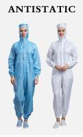 China Lint-Free Cleanroom Suit ESD Coverall Class 100-10000 Polyester Conductive Fiber for sale