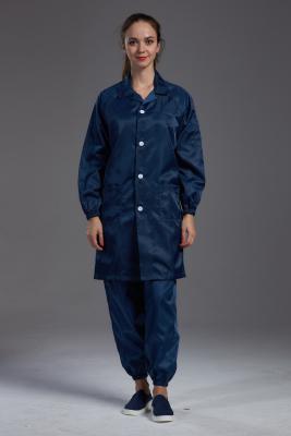 China Dark Blue ESD Cleanroom Smock Labcoat with Conductive Fiber - 0.36kg Unit Weight, 108g/m² GSM for sale