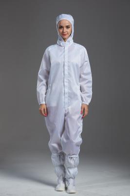 China Anti Static ESD Cleanroom Coverall White 108 GSM Conductive Fiber with Pen Holder for sale