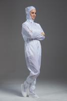 China Anti Static ESD Cleanroom Coverall White 108 GSM Conductive Fiber with Pen Holder for sale