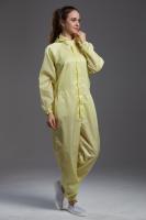 China Anti Static ESD Cleanroom Coverall Yellow Conductive Fiber Zipper Open Class 1000 for sale