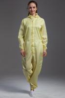 China Anti Static ESD Cleanroom Coverall Yellow Conductive Fiber Zipper Open Class 1000 for sale