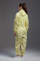 China Anti Static ESD Cleanroom Coverall Yellow Conductive Fiber Zipper Open Class 1000 for sale