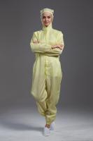 China Anti Static Cleanroom ESD Coverall Yellow with Hoods for Class 1000 Cleanroom 108gsm for sale