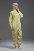 China Anti Static Cleanroom ESD Coverall Yellow with Hoods for Class 1000 Cleanroom 108gsm for sale