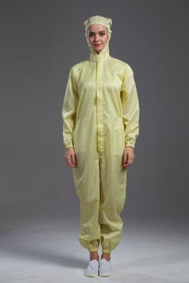 China Anti Static Cleanroom ESD Coverall Yellow with Hoods for Class 1000 Cleanroom 108gsm for sale