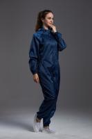China Antistatic ESD Cleanroom Coverall Dark Blue with Hoods - 0.36kg Weight, 108g/m² GSM, 2% Conductive Fiber for sale