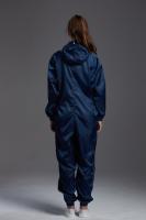 China Antistatic ESD Cleanroom Coverall Dark Blue with Hoods - 0.36kg Weight, 108g/m² GSM, 2% Conductive Fiber for sale