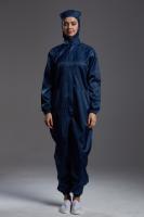 China Antistatic ESD Cleanroom Coverall with Hood Dark Blue 98% Polyester 2% Conductive Fiber Class 1000 for sale