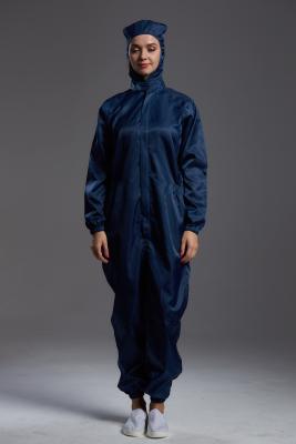 China Antistatic ESD Cleanroom Coverall with Hood Dark Blue 98% Polyester 2% Conductive Fiber Class 1000 for sale