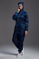 China Antistatic ESD Cleanroom Coverall with Hood Dark Blue 98% Polyester 2% Conductive Fiber Class 1000 for sale