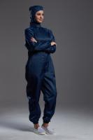 China Antistatic ESD Cleanroom Coverall with Hood Dark Blue 98% Polyester 2% Conductive Fiber Class 1000 for sale