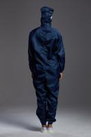 China Antistatic ESD Cleanroom Coverall with Hood Dark Blue 98% Polyester 2% Conductive Fiber Class 1000 for sale