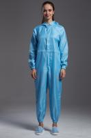 China Antistatic ESD Cleanroom Coverall Blue with Hood 98% Polyester 2% Conductive Fiber Class 1000 for sale