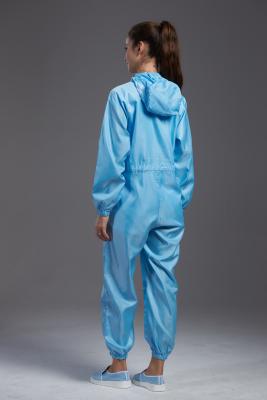 China Antistatic ESD Cleanroom Coverall Blue with Hood 98% Polyester 2% Conductive Fiber Class 1000 for sale